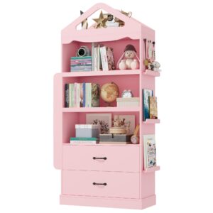 hostack 71" tall kids bookcase, kids bookshelf with 2 drawers, 4 tier large book shelves, wood display standing cabinet with toy storage organizer for nursery, living room, study, pink