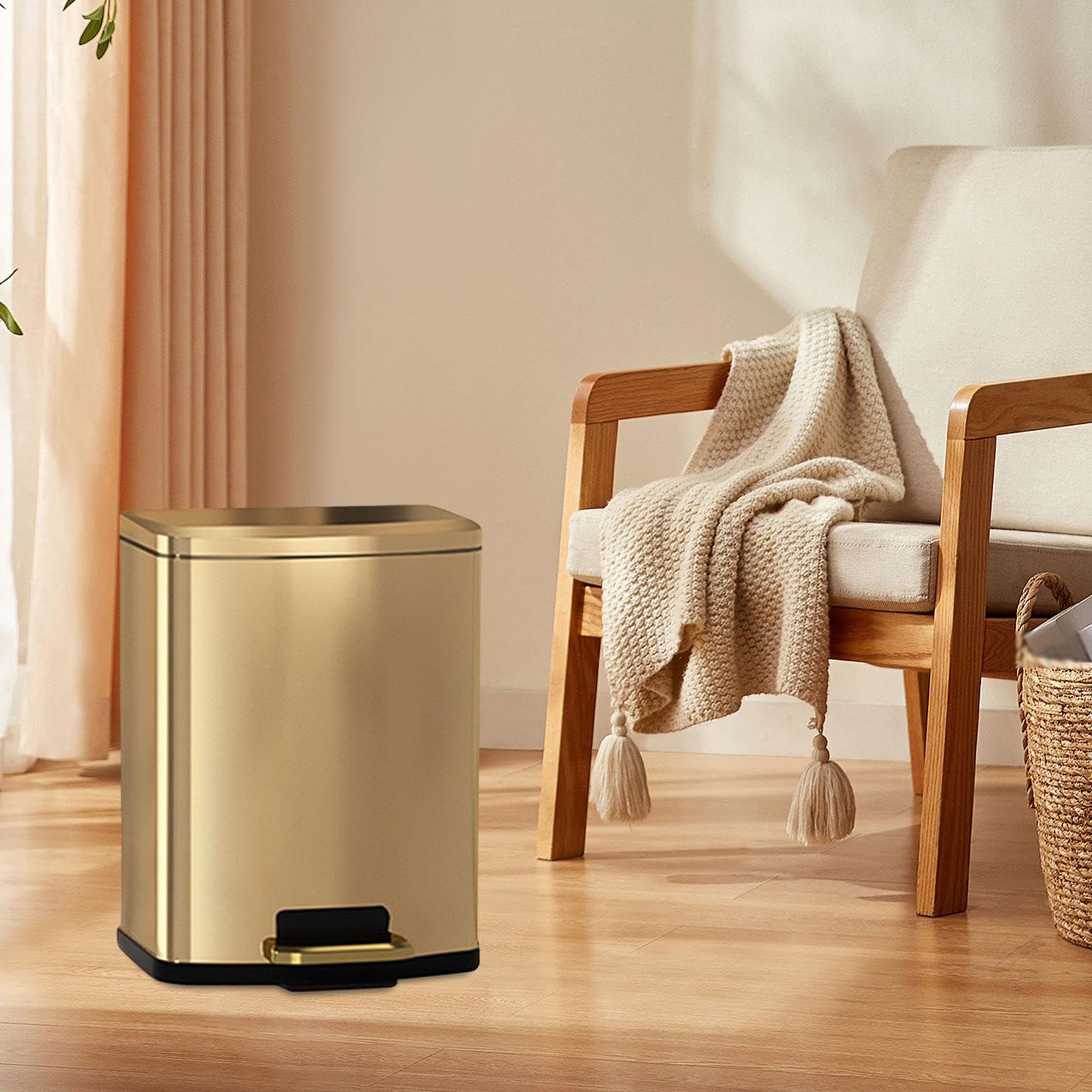 Fenteer Step Trash Can with Lid Kitchen Trash Bin 9L Sleek Waste Container Garbage Can Foot Pedal Garbage Bin for Living Room Bedroom, Champagne Gold