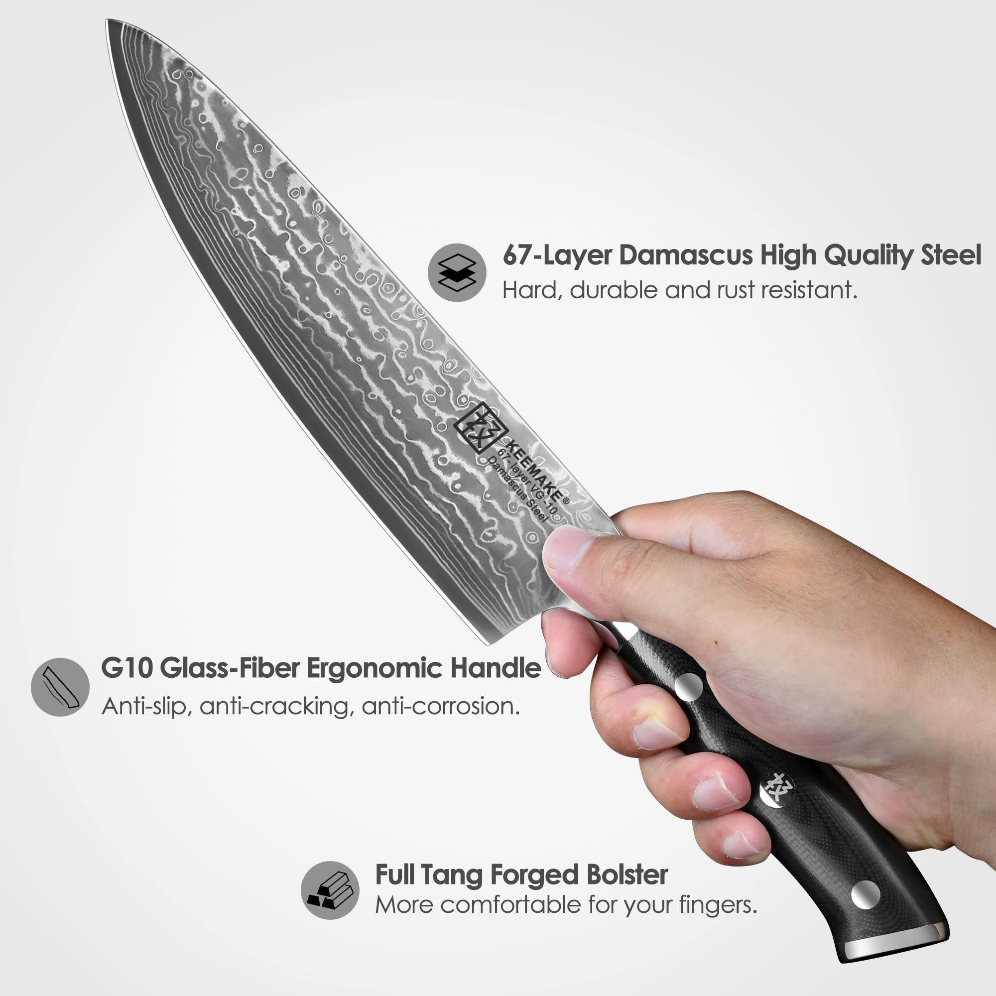 KEEMAKE Damascus Knife Set 3 PCS, Razor Sharp Kitchen Knife Set, 67 Layers Damascus Steel Knife, Japanese Chef Knife Set with Full Tang Ergonomic Handle, Kitchen Knives for Meat Vegetable Cutting