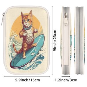 GzLeyigou Surfing Cat Pencil Case Pen Bag Pouch Holder Stationery Organizer Pencil Bag Cat Pencil Pouch Storage Box with Compartments PU Leather Makeup Brush Bag for Women Men College