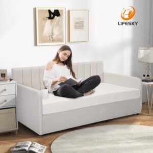 LifeSky Home Daybed Twin for Kids - Boucle Tufted Day Bed Frame with Storage for Living Room Bedroom - Upholstered for Aged 5+ White