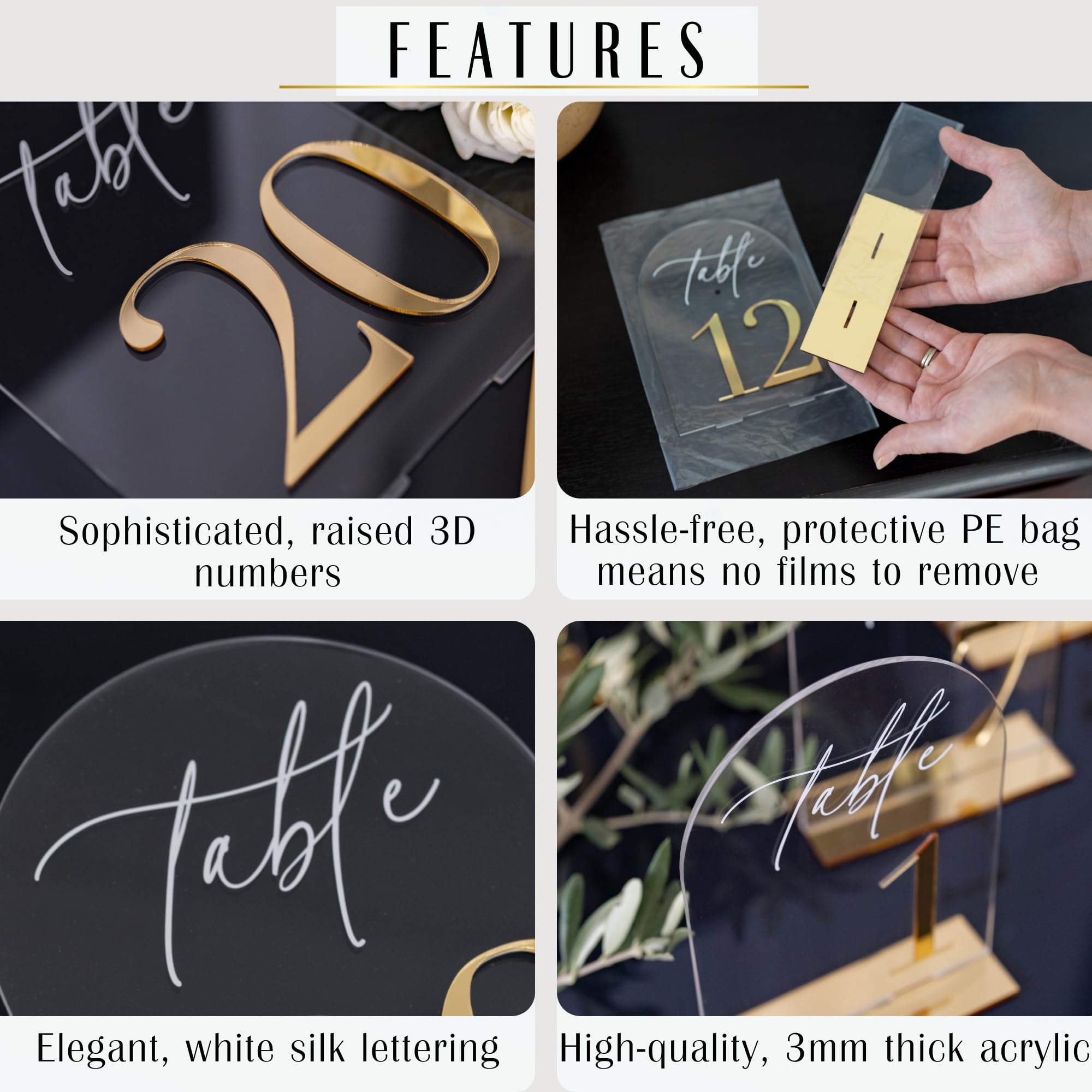 Acrylic Wedding Table Numbers 1-20 w/Stand, 5 x 7” Elegant Gold Table Numbers 1-20, Durable & Thick Table Number Signs, Acrylic Table Numbers 1-20 for Reception, Birthdays, Anniversary & More