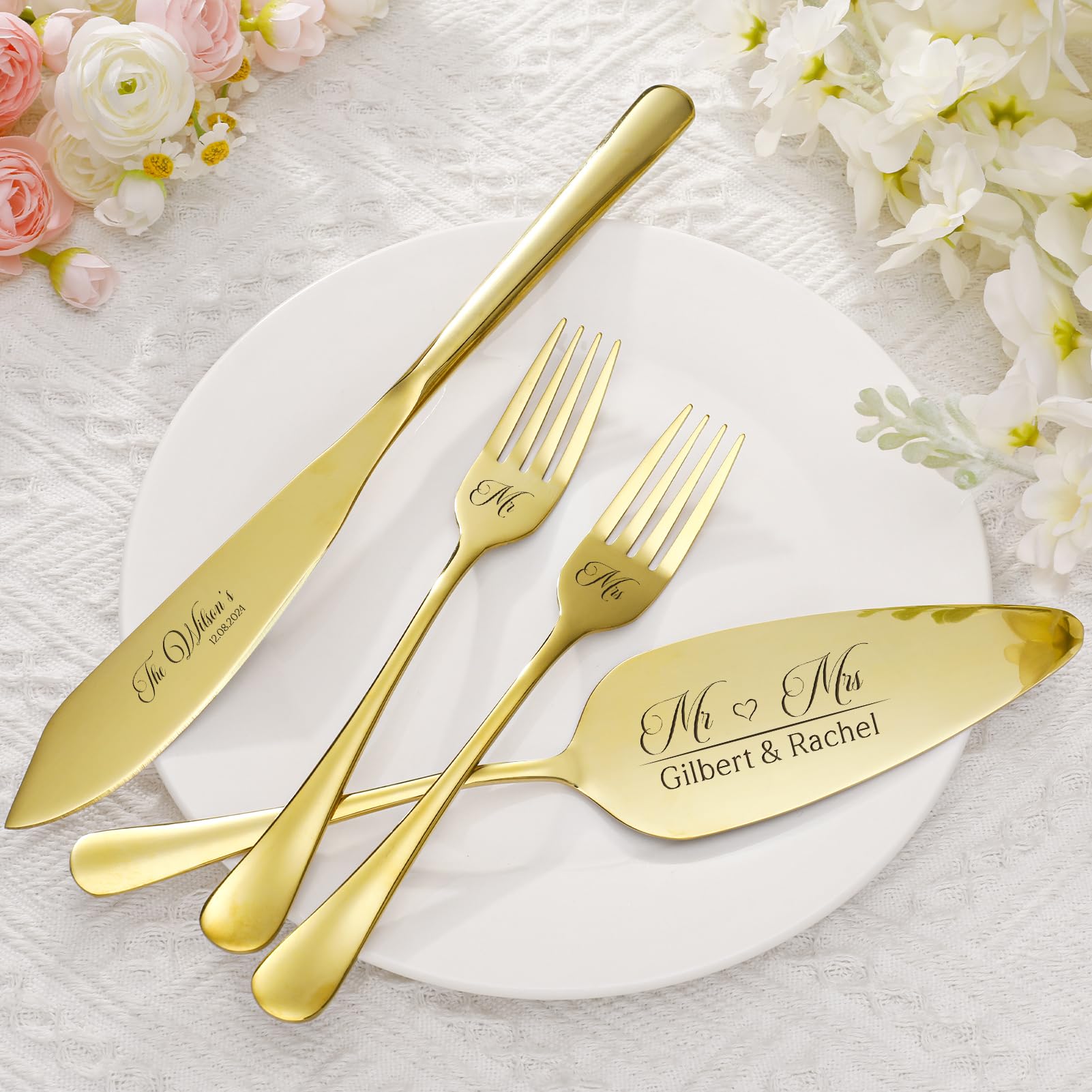 Zhamate Custom Cake Cutting Set for Wedding, Personalized Cake Knife and Server Set, Stainless Steel Personalized Cake Cutter Set for Wedding, Anniversary, Birthday Gift(Gold)