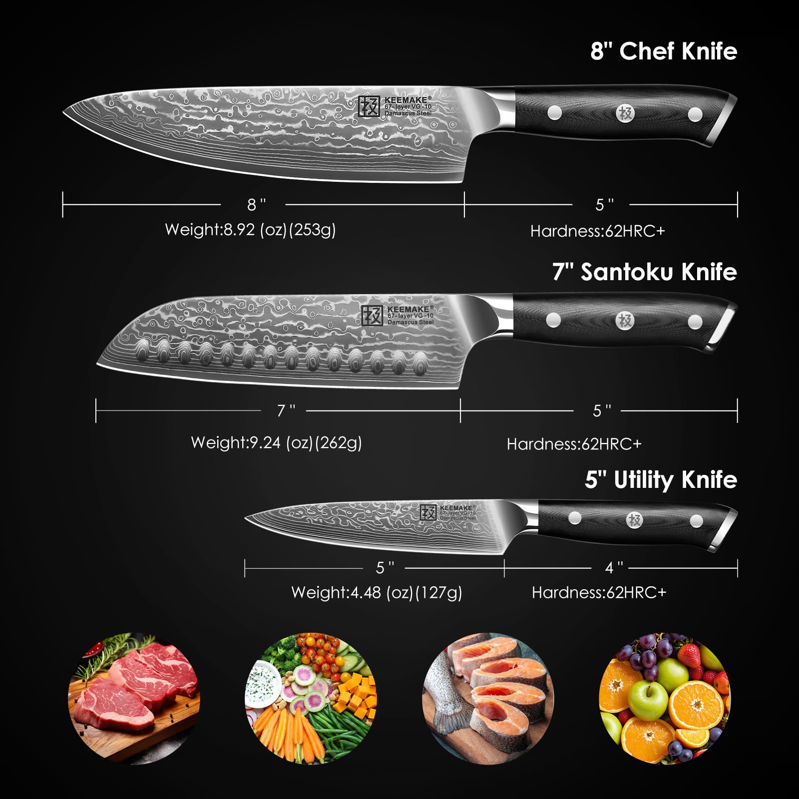 KEEMAKE Damascus Knife Set 3 PCS, Razor Sharp Kitchen Knife Set, 67 Layers Damascus Steel Knife, Japanese Chef Knife Set with Full Tang Ergonomic Handle, Kitchen Knives for Meat Vegetable Cutting