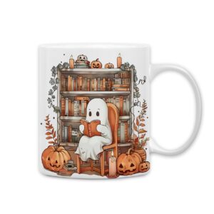 qashwey halloween reading ghost mug, halloween coffee mug, fall book lovers gifts mug, halloween themed mug tea cup gifts for reading lovers, fall bookish ghost halloween coffee cups ceramic 11oz