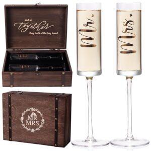 comfit mr and mrs champagne flutes with keepsake box-bride and groom champagne glasses-gold print mr and mrs glasses for wedding and toasting flutes-bridal shower gifts