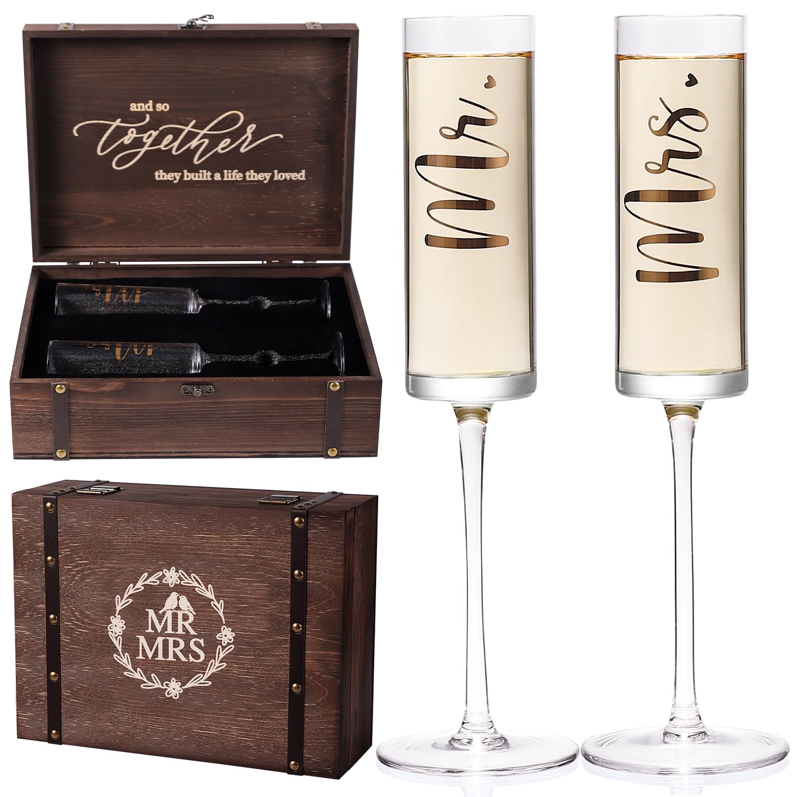 comfit Mr and Mrs Champagne Flutes with Keepsake Box-Bride and Groom Champagne Glasses-Gold Print Mr and Mrs Glasses for Wedding and Toasting Flutes-Bridal Shower Gifts