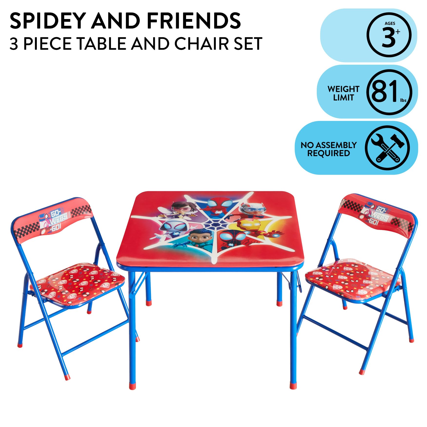 Idea Nuova Marvel Spidey and His Amazing Friends 3 Piece Children's Activity Square Table and 2 Folding Chairs Set, Ages 3+