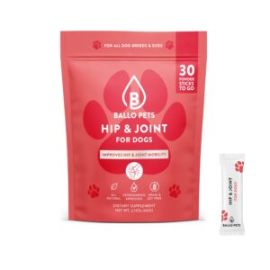 ballo pets hip & joint for dogs - joint supplement for dogs - pain and inflammation relief with glucosamine, chondroitin, msm, turmeric, vitamin c - 30 powder sticks to go, red