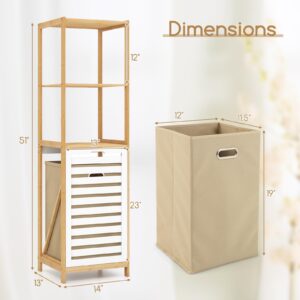 Giantex Tilt Out Laundry Hamper - Laundry Hamper Cabinet with 3 Tier Storage Shelves, Removable Laundry Basket, 51" Tall Freestanding Bamboo Tower Hamper Organizer for Bathroom Small Space