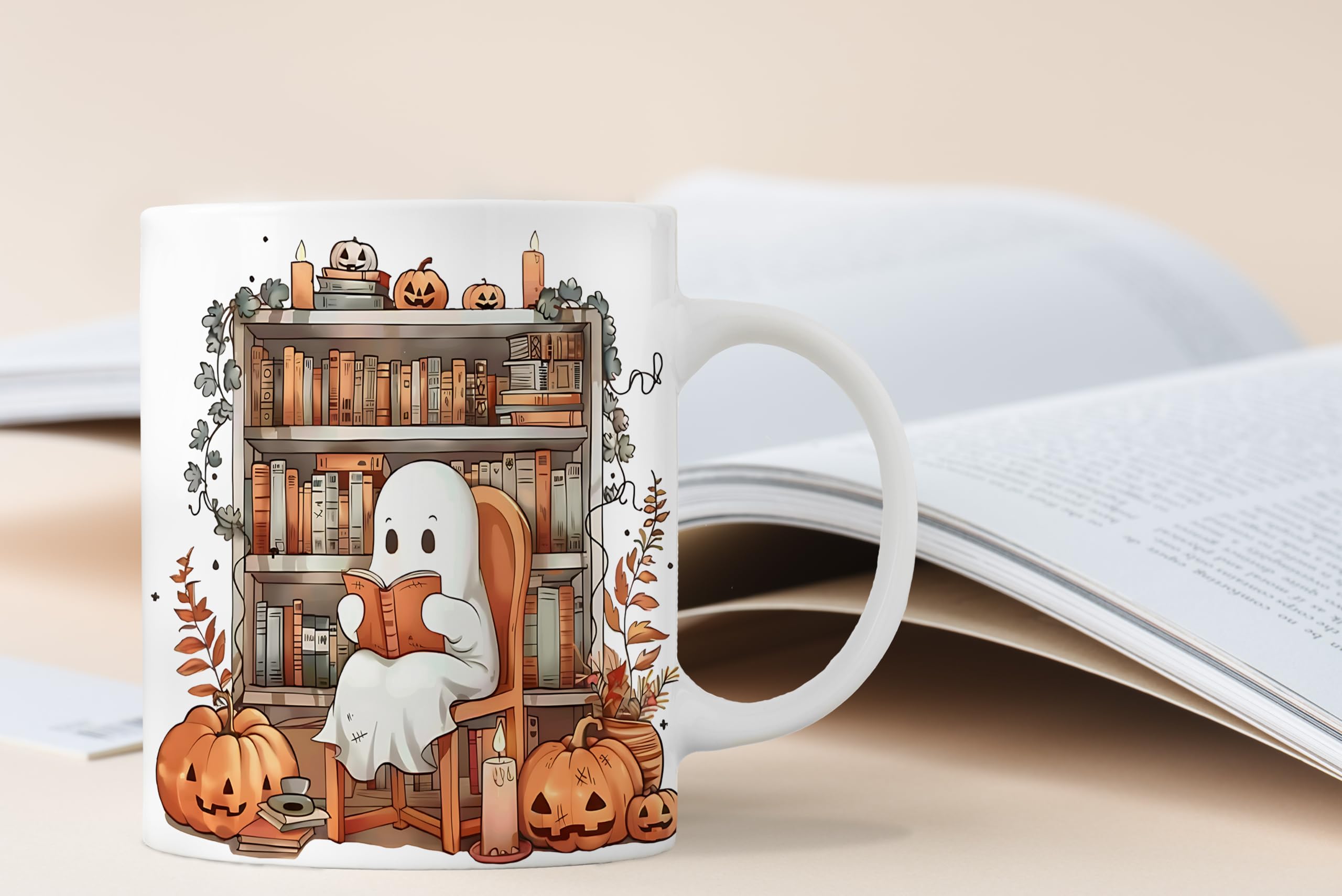 QASHWEY Halloween Reading Ghost Mug, Halloween Coffee Mug, Fall Book Lovers Gifts Mug, Halloween Themed Mug Tea Cup Gifts for Reading Lovers, Fall Bookish Ghost Halloween Coffee Cups Ceramic 11oz