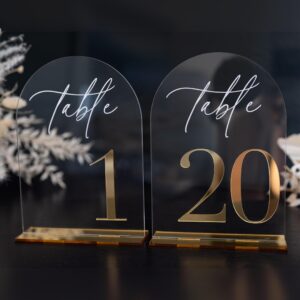 acrylic wedding table numbers 1-20 w/stand, 5 x 7” elegant gold table numbers 1-20, durable & thick table number signs, acrylic table numbers 1-20 for reception, birthdays, anniversary & more