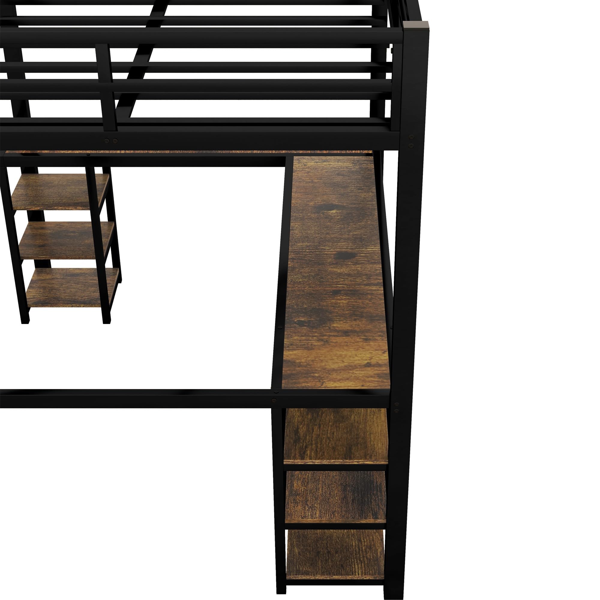 Full Loft Bed with L-shaped Wooden Desk and Storage Shelves, Full Size Loft Bed Frame with Safety Guardrail and Built-in Ladder for Boys Girls Juniors, No Box Spring Needed, Black and Brown