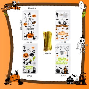 SHTALHST Halloween Treat Bags, 200 pcs (4.9” x 10.8”) Halloween Cellophane Treat Bags, Halloween Bags for Candy with Fun Friendly Designs, Halloween Party Decorations, Spooky Treat Bags