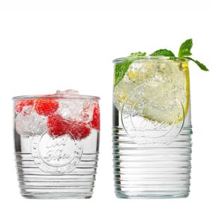 le'raze set of 8 original mason drinking glasses 4-18oz. highball tumbler glasses, and 4-13oz. whiskey glass cups for everyday home use, water, beer, juice, cocktail.