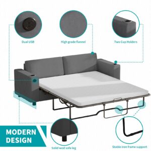 BALUS Pull Out Sofa Bed, 2-in-1 Convertible Sleeper Sofa with Memory Foam Mattress, Queen Size Sleeper Couch with Cup Holders and USB Ports for Home Office Living Room-Dark Grey