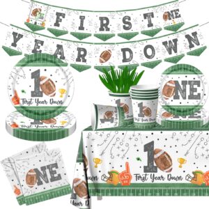 142pcs first year down football birthday party decorations football tableware set with plates napkins cups tablecloth and banner first year down birthday party decorations football party decorations