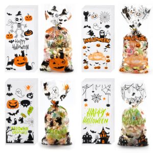 shtalhst halloween treat bags, 200 pcs (4.9” x 10.8”) halloween cellophane treat bags, halloween bags for candy with fun friendly designs, halloween party decorations, spooky treat bags