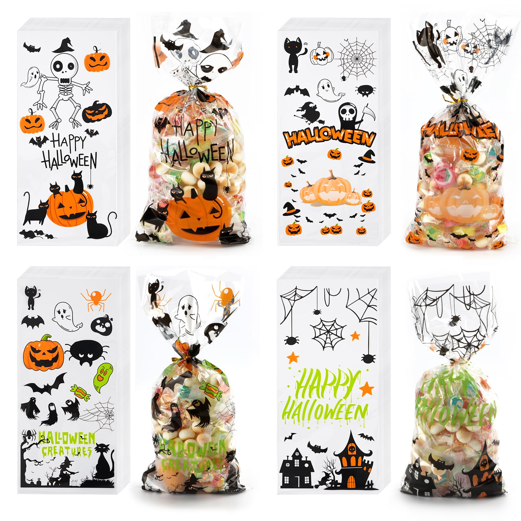 SHTALHST Halloween Treat Bags, 200 pcs (4.9” x 10.8”) Halloween Cellophane Treat Bags, Halloween Bags for Candy with Fun Friendly Designs, Halloween Party Decorations, Spooky Treat Bags