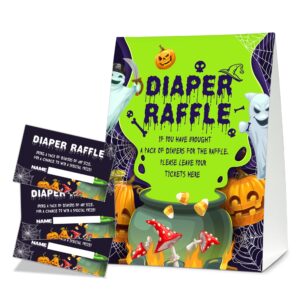 halloween diaper raffle game sign and tickets, happy halloween baby shower invitations game sets decorations celebrated the upcoming baby's arrival, 1 standing card with 50 raffle tickets -a03