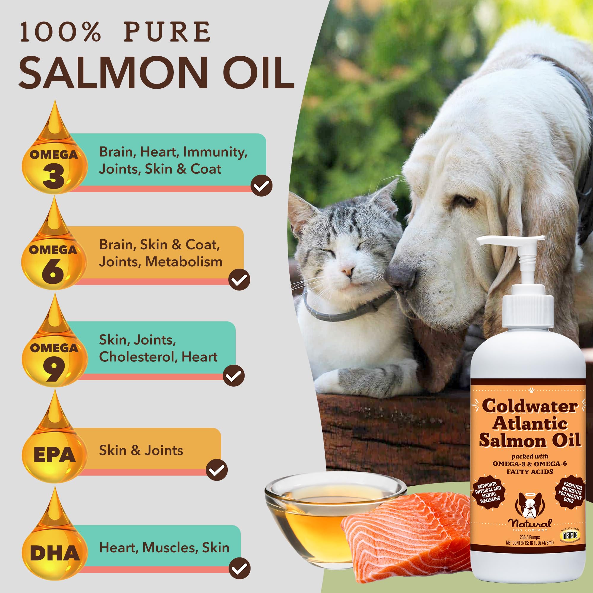 Natural Dog Company Senior Dog Salmon Oil Mobility Bundle, (1) Coldwater Atlantic Salmon Oil 16 oz., (1) Hip & Joint Chews 90 Count, Omega 3, Glucosamine Chondroitin for Dogs, Fish Oil for Dogs