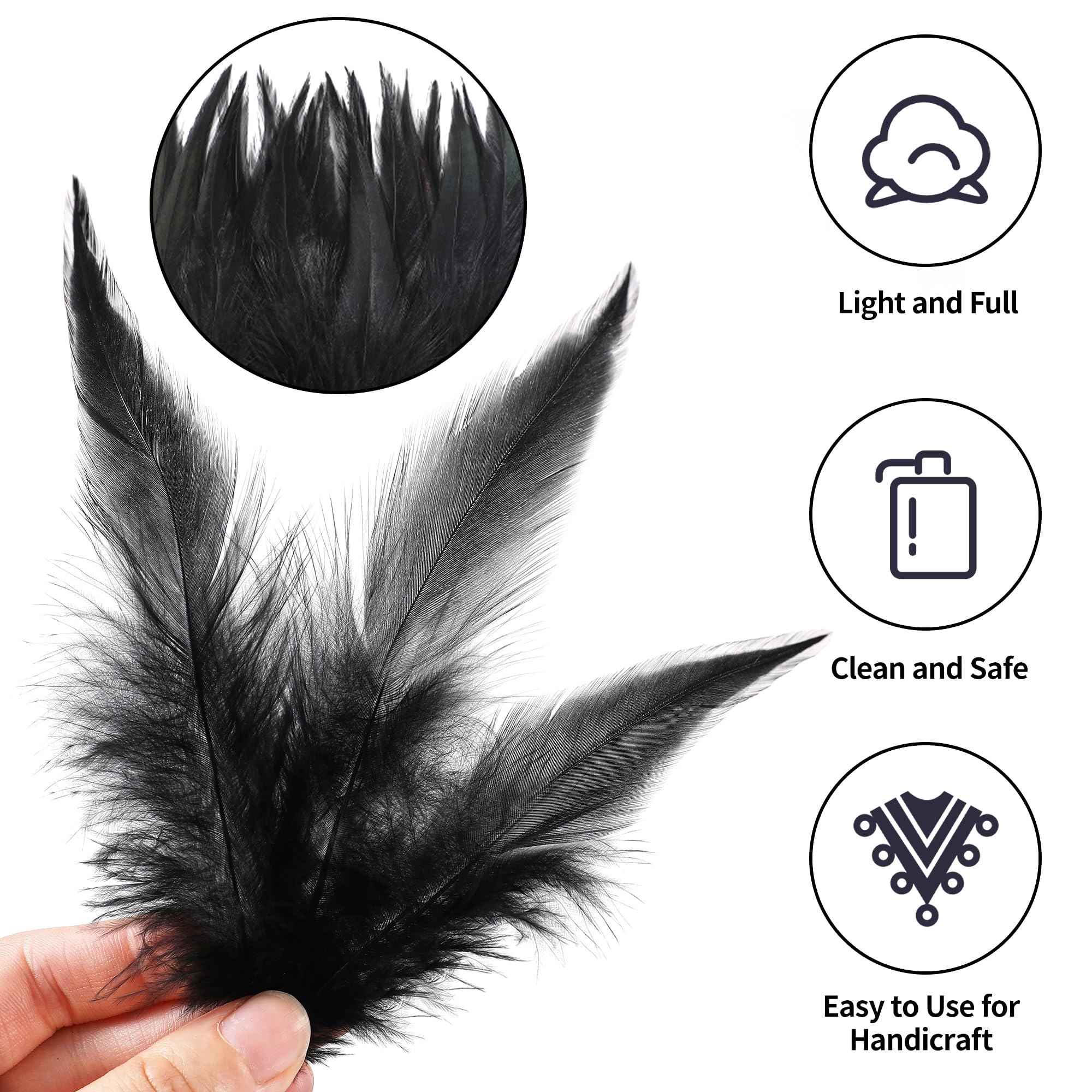 Holmgren Black Craft Feathers Bulk - 200pcs 5-7inch Rooster Feathers for DIY Crafts, Dream Catcher and Halloween Holiday Party Costume Decorations (Black)