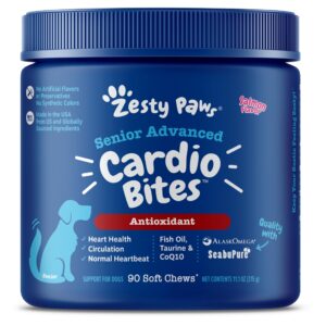 zesty paws cardiovascular support for dogs - taurine for dogs, coq10 for dogs, l carnitine & sea buckthorn for senior dog heart health - alaskomega fish oil omega 3 - senior - salmon - 90 count