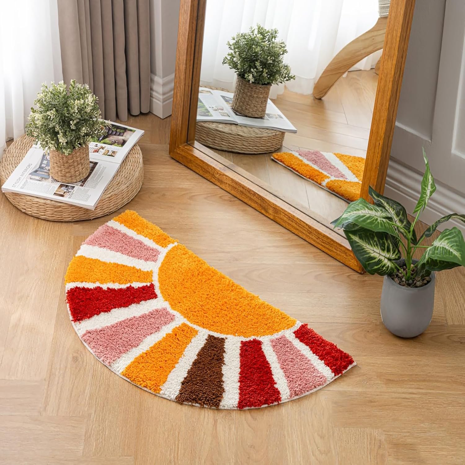 Sun Bath Mat,Boho Bath Mat,Half Circle Bath Mat,Half Circle Rug,Rainbow Bath Mat,Sun Rug,sun bathroom rug,Rainbow Door Mat 30x16 Inch, Non Slip Floor Mat for Home Bathroom Kitchen Entrance