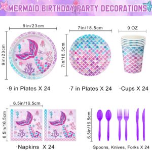 168Pcs Mermaid Birthday Decorations Mermaid Party Supplies Includes Plates, Napkin, Knives, Spoons, Forks for Baby Shower Ocean Birthday Party Decorations, Serves 24