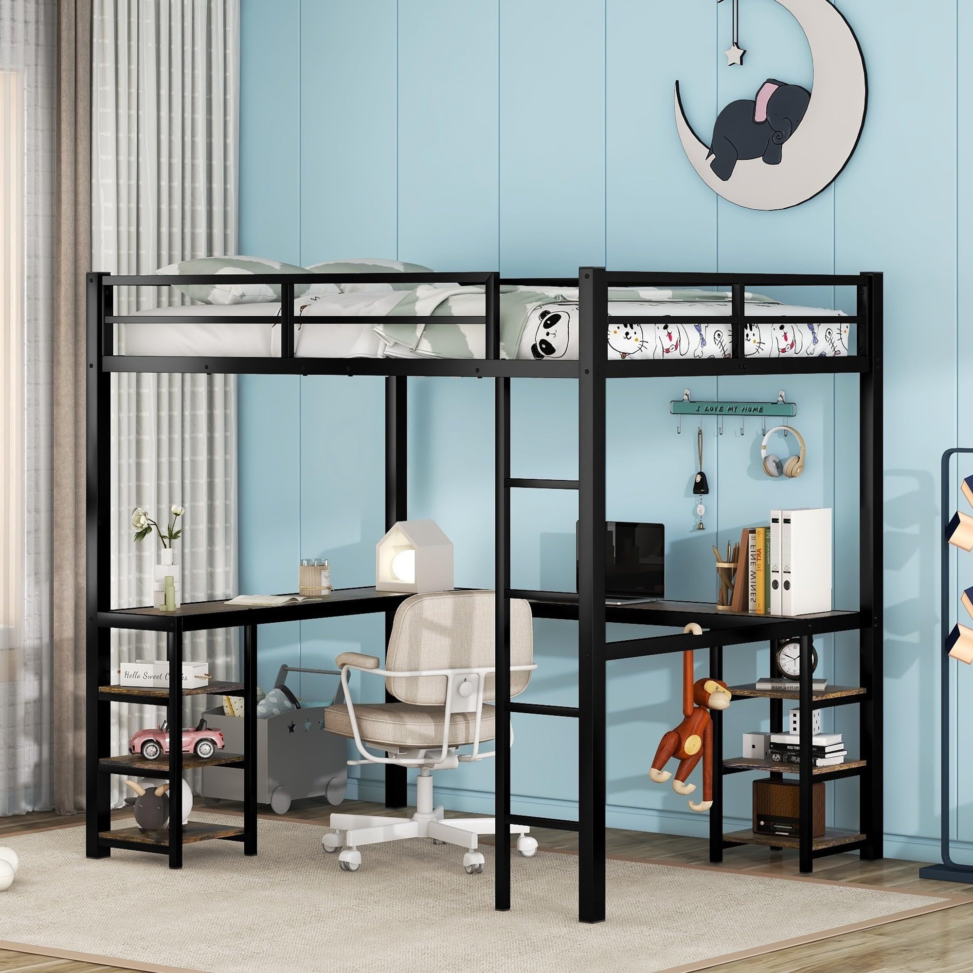 Full Loft Bed with L-shaped Wooden Desk and Storage Shelves, Full Size Loft Bed Frame with Safety Guardrail and Built-in Ladder for Boys Girls Juniors, No Box Spring Needed, Black and Brown