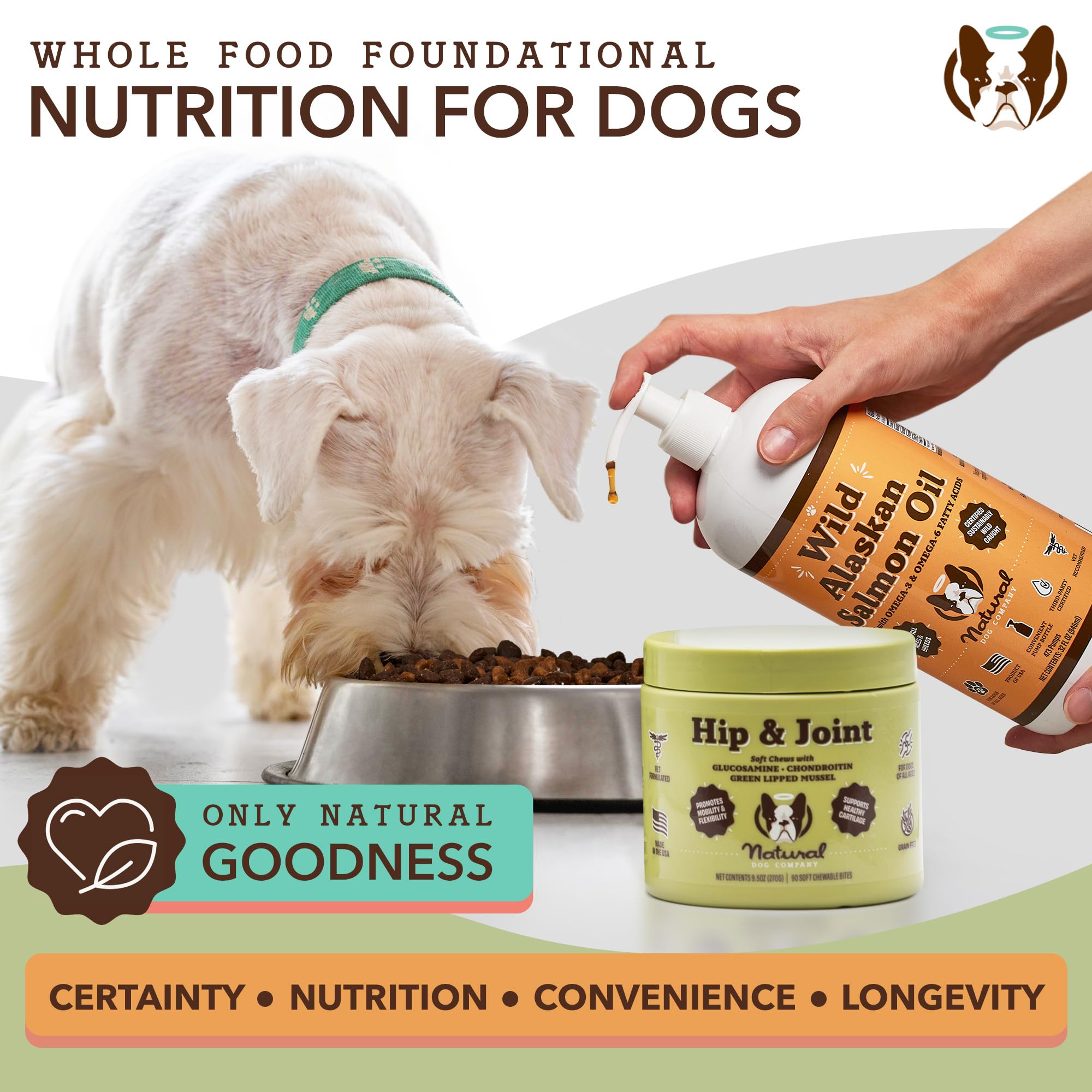 Natural Dog Company Senior Dog Salmon Oil Mobility Bundle, (1) Coldwater Atlantic Salmon Oil 16 oz., (1) Hip & Joint Chews 90 Count, Omega 3, Glucosamine Chondroitin for Dogs, Fish Oil for Dogs