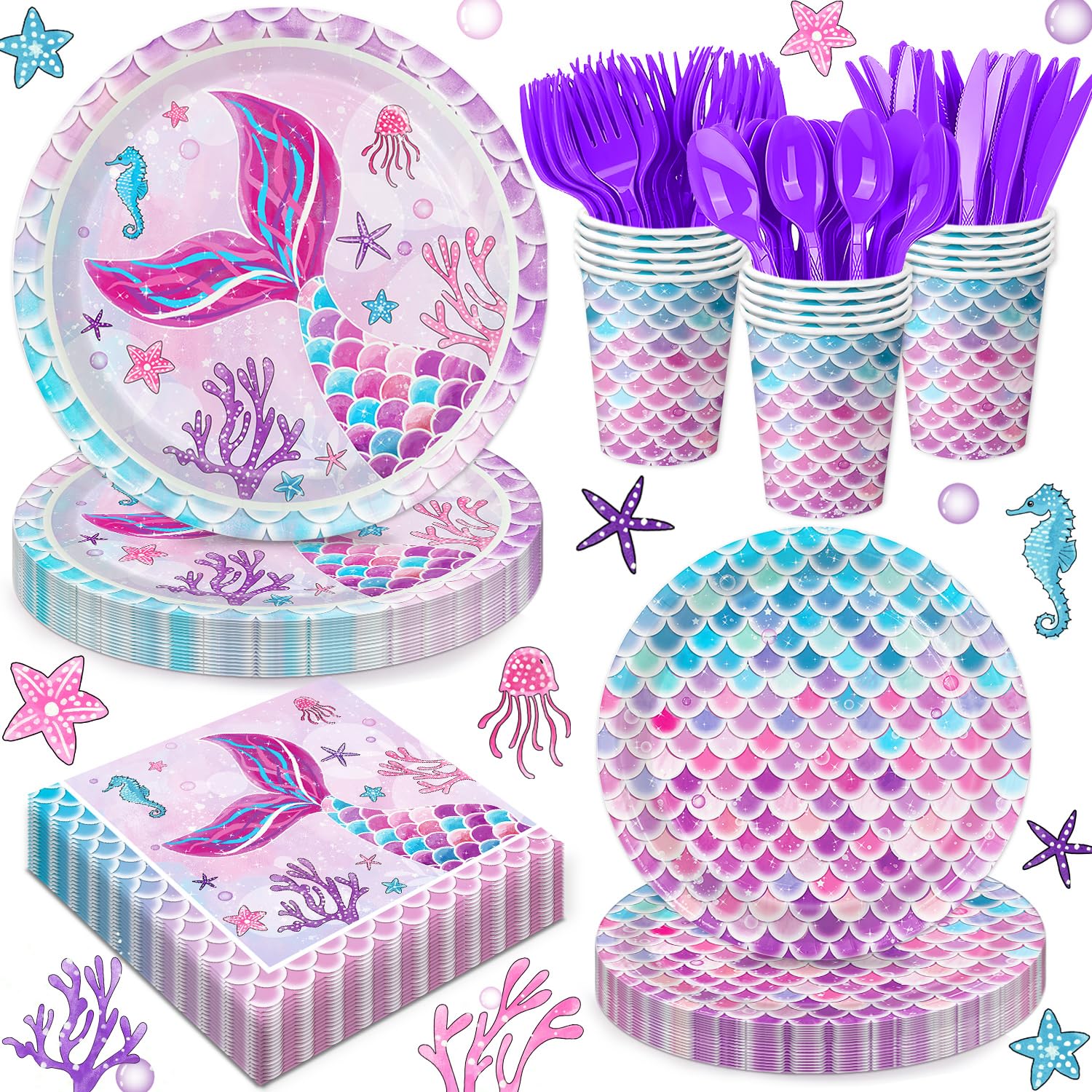 168Pcs Mermaid Birthday Decorations Mermaid Party Supplies Includes Plates, Napkin, Knives, Spoons, Forks for Baby Shower Ocean Birthday Party Decorations, Serves 24