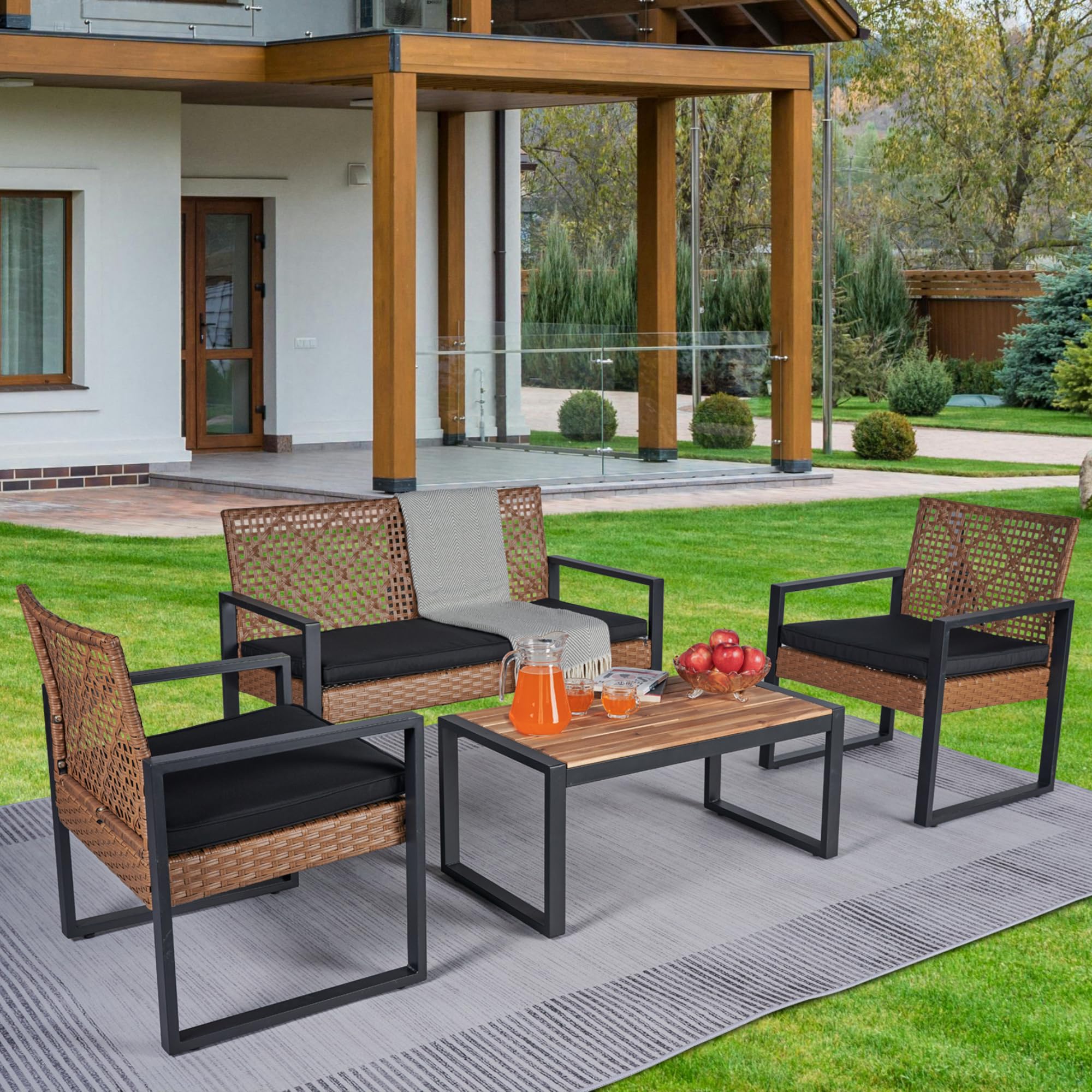 Finca ancha Patio Furniture Set 4 Pieces, Outdoor Furniture with Acacia Wood Table Top Coffee Table, Outdoor Wicker Patio Furniture for Yard, Pool, Backyard Sillas para Patio