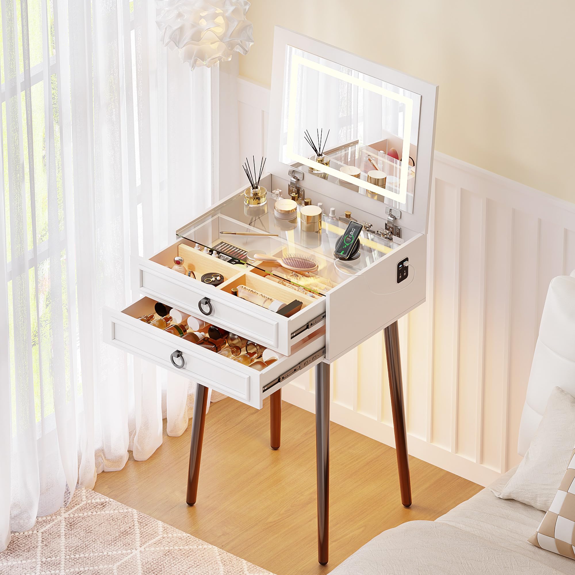 Lvifur Small Vanity Desk with Flip Top Mirror and Lights, Auto Sensor Dressing Table with Charging Station, Farmhouse Makeup Vanity Table with Jewelry Storage Drawer for Bedroom (White)