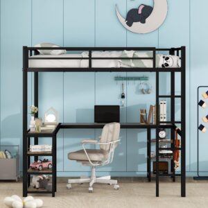 Full Loft Bed with L-shaped Wooden Desk and Storage Shelves, Full Size Loft Bed Frame with Safety Guardrail and Built-in Ladder for Boys Girls Juniors, No Box Spring Needed, Black and Brown