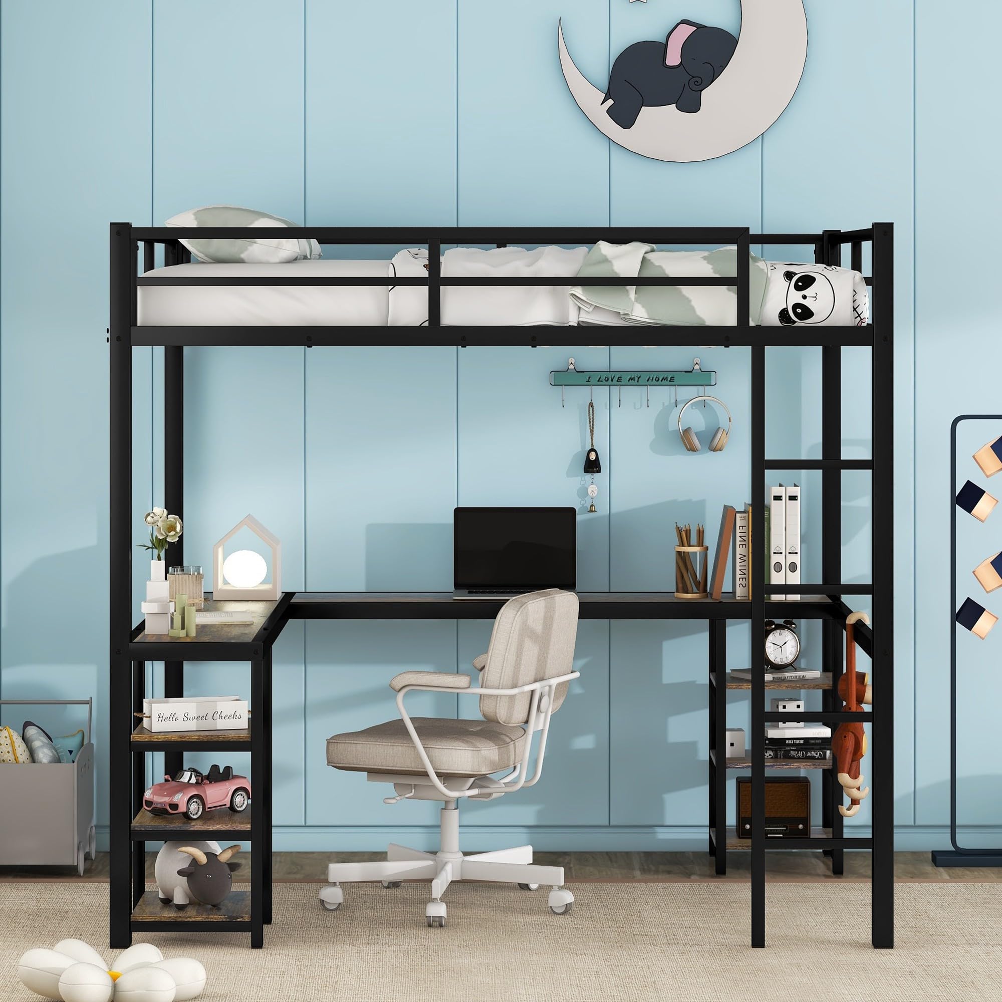 Full Loft Bed with L-shaped Wooden Desk and Storage Shelves, Full Size Loft Bed Frame with Safety Guardrail and Built-in Ladder for Boys Girls Juniors, No Box Spring Needed, Black and Brown