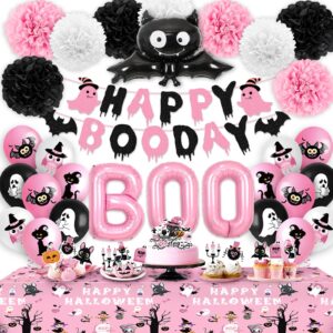 halloween birthday party decorations, pink black halloween happy booday party banner with 16inch boo balloons ghost bat balloons and tablecloth for girl halloween boo day party decorations