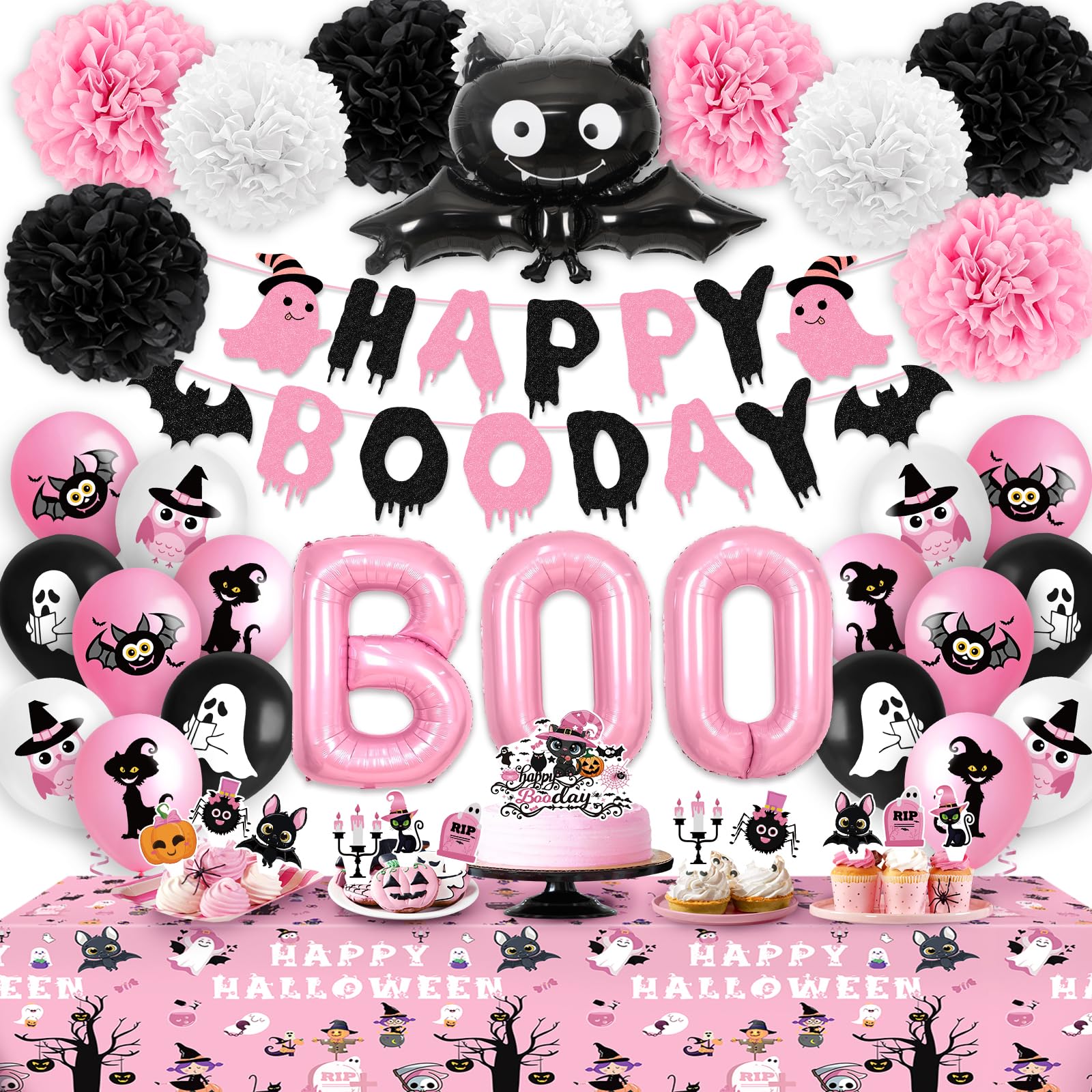 Halloween Birthday Party Decorations, Pink Black Halloween Happy Booday Party Banner with 16inch BOO Balloons Ghost Bat Balloons and Tablecloth for Girl Halloween Boo Day Party Decorations