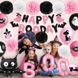 Halloween Birthday Party Decorations, Pink Black Halloween Happy Booday Party Banner with 16inch BOO Balloons Ghost Bat Balloons and Tablecloth for Girl Halloween Boo Day Party Decorations