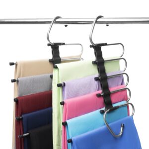 space saving pants hanger 2 pack - multifunctional closet space saving organizer for jeans, trousers, leggings and slacks - multi-layer black heavy duty pant hangers space saving - reduce closet space