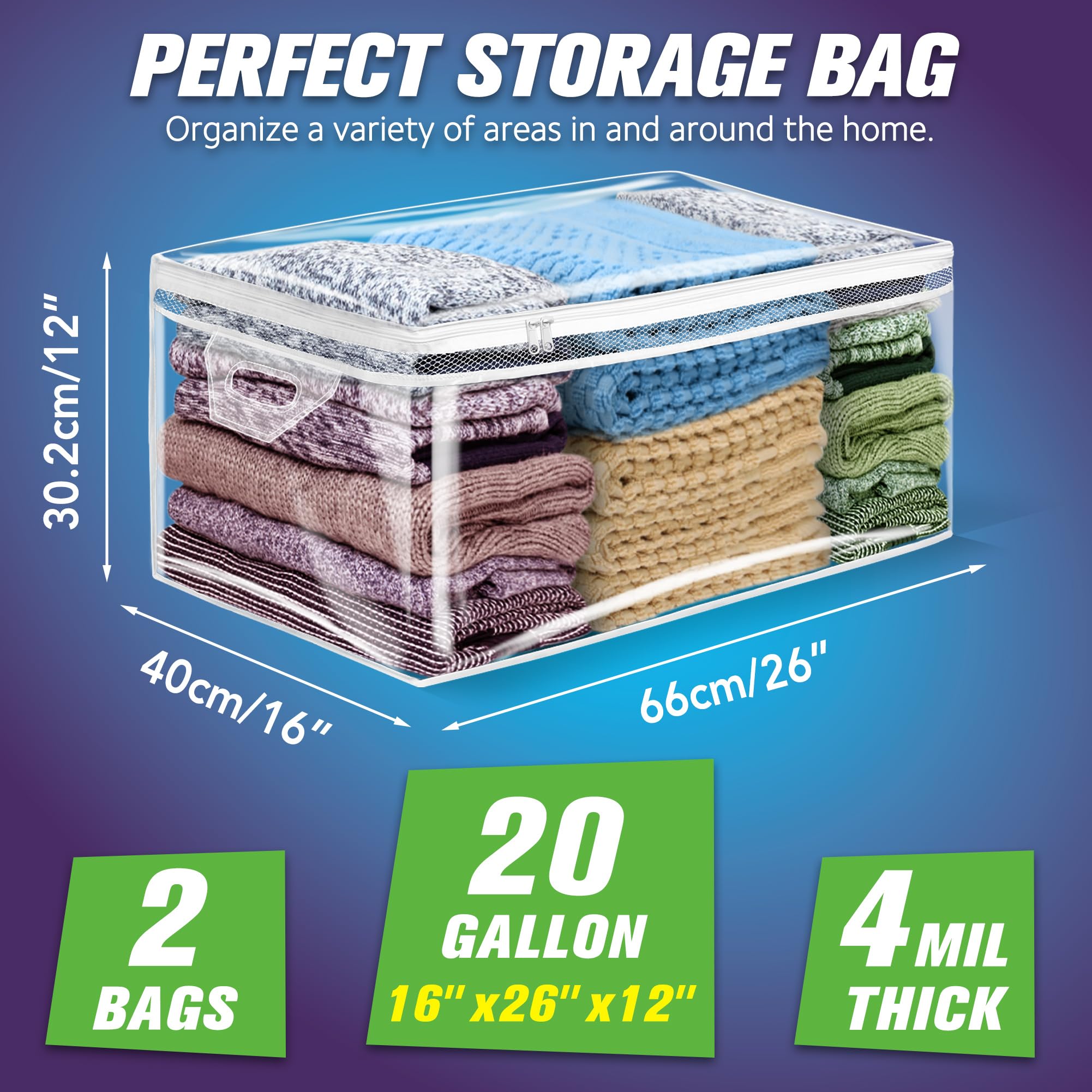 HIBAG 20 Gallon Large Storage Bag for Clothes, Zipper Clothing Storage Bag, Clear Organizer with Reinforced Handles, for Comforters Blankets Pillows Bedding (2 Pack)