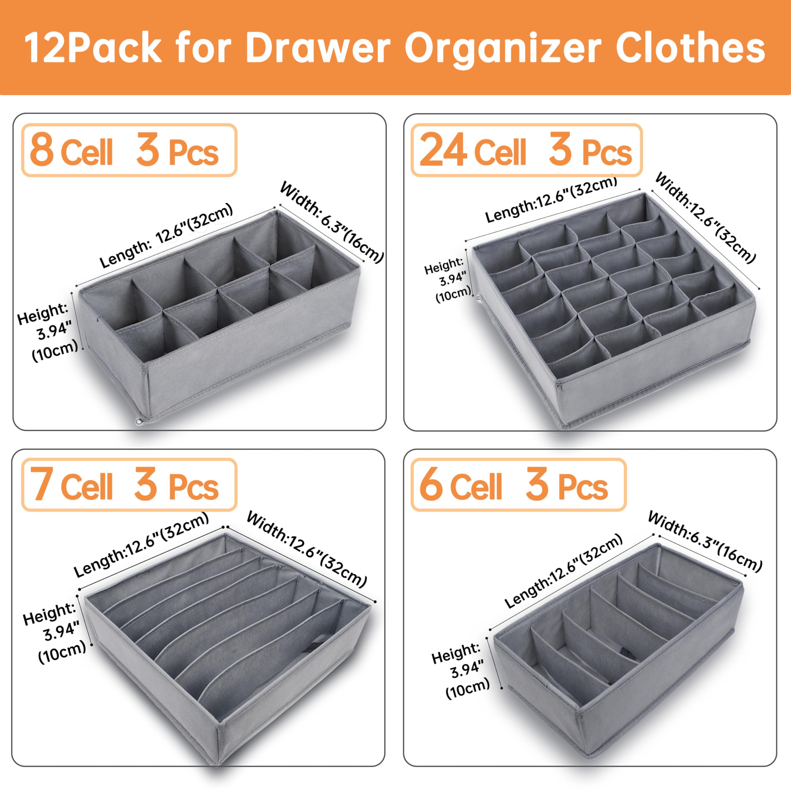 FAMALAHEE Drawer Organizer Divider Foldable Closet Storage Organizer Basket, and Fabric Organization Bins for Clothes, Underwear, Bras, Ties, Accessories, Socks 12 Pack