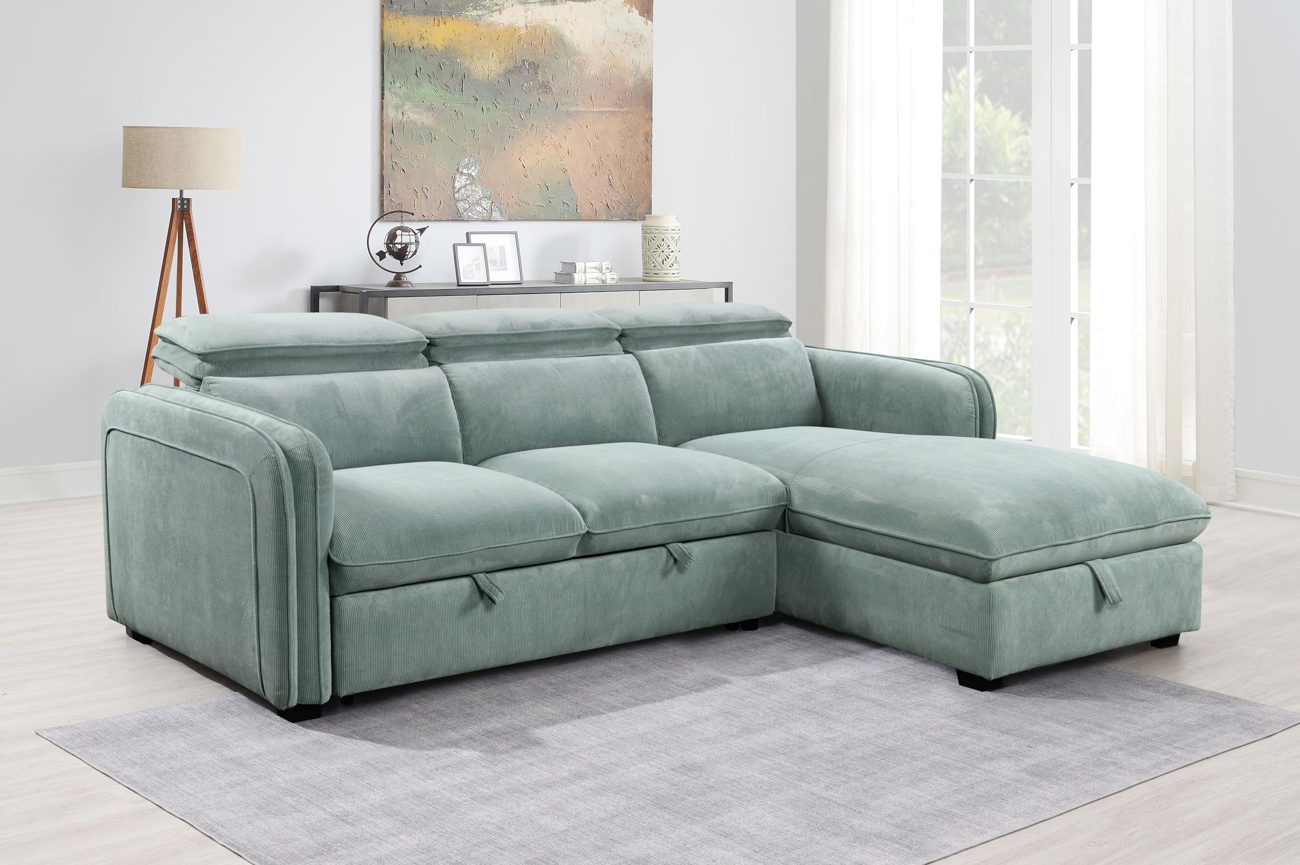 TXFTRR L Shaped Sleeper Sofa - Corduroy Couch Sectional with Pull Out Sleeper and Storage Chaise, Pull Out Bed Couch with Adjustable Headrest, Sleeper Sectional Sofa for Living Room, Light Green