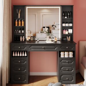 GLAUBIO 47-Inch Vanity Desk with Mirror & LED Light,Makeup Vanity Mirror with Brightness Adjusted,Large Storage Space-9 Drawers & 8 Shelves,Dressing Table for Bedroom,Dressing Room,Cloakroom,Study