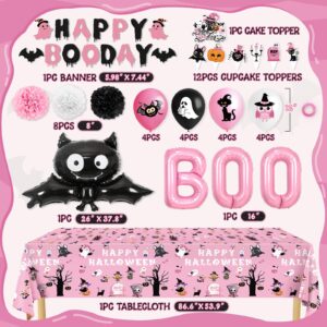 Halloween Birthday Party Decorations, Pink Black Halloween Happy Booday Party Banner with 16inch BOO Balloons Ghost Bat Balloons and Tablecloth for Girl Halloween Boo Day Party Decorations