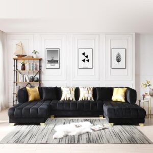 woodpecker's inc marigold velvet u-shaped double chaise sectional sofa - with 6 pillows & gold legs (black)