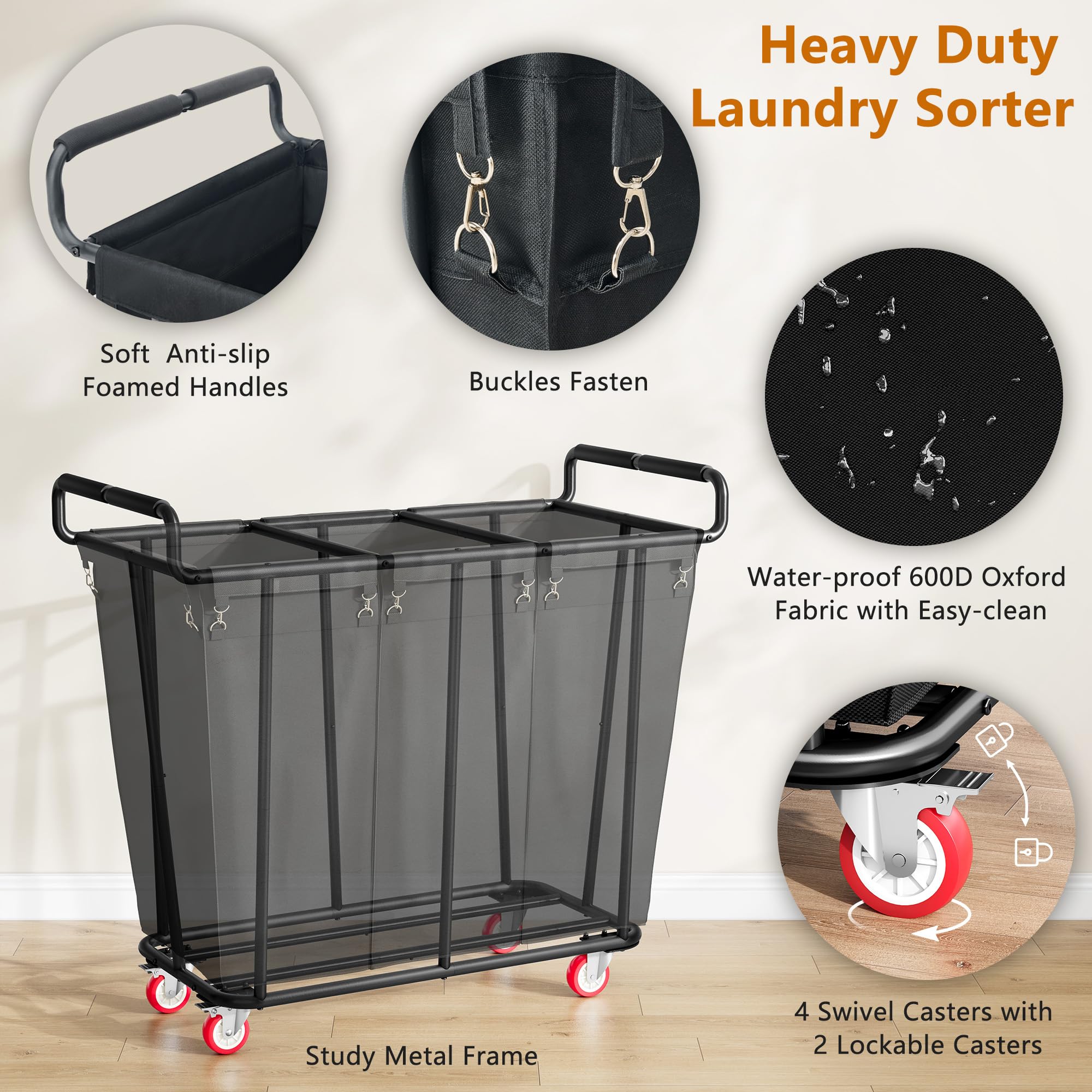 Gewudraw 3 Section Laundry Sorter Cart, 3 Bag 75Gal Rolling Laundry Hamper Sorter with Lockable Wheels, Removable Laundry Bag,Rolling Laundry Basket Organizer for Laundry Room,Bedroom,Bathroom, Black