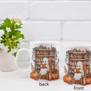 QASHWEY Halloween Reading Ghost Mug, Halloween Coffee Mug, Fall Book Lovers Gifts Mug, Halloween Themed Mug Tea Cup Gifts for Reading Lovers, Fall Bookish Ghost Halloween Coffee Cups Ceramic 11oz