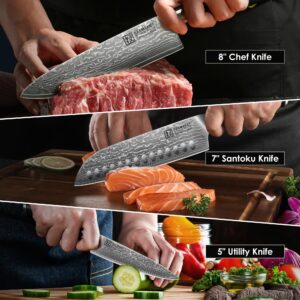 KEEMAKE Damascus Knife Set 3 PCS, Razor Sharp Kitchen Knife Set, 67 Layers Damascus Steel Knife, Japanese Chef Knife Set with Full Tang Ergonomic Handle, Kitchen Knives for Meat Vegetable Cutting