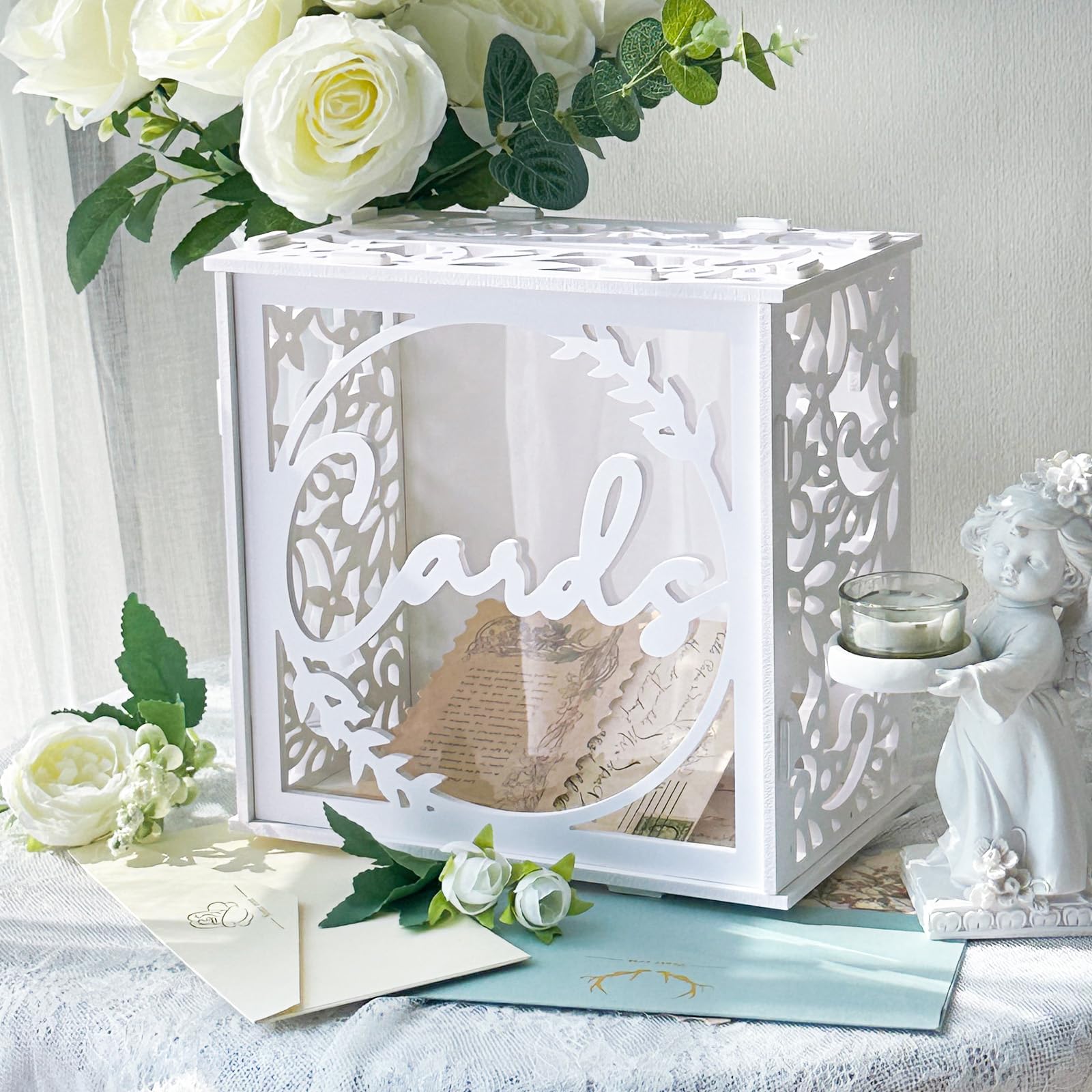 OurWarm Wedding Card Box for Reception, PVC Gift Card Box Holder with Slot and Acrylic Window, White Wedding Envelope Money Card Box for Baby Shower Birthday Graduation Party Wedding Decorations